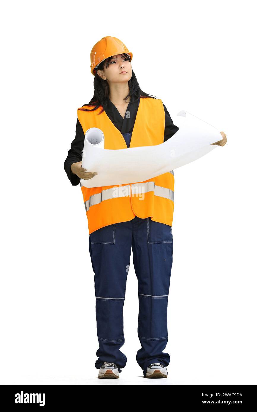 A construction girl on a green background, full-length, with drawings ...