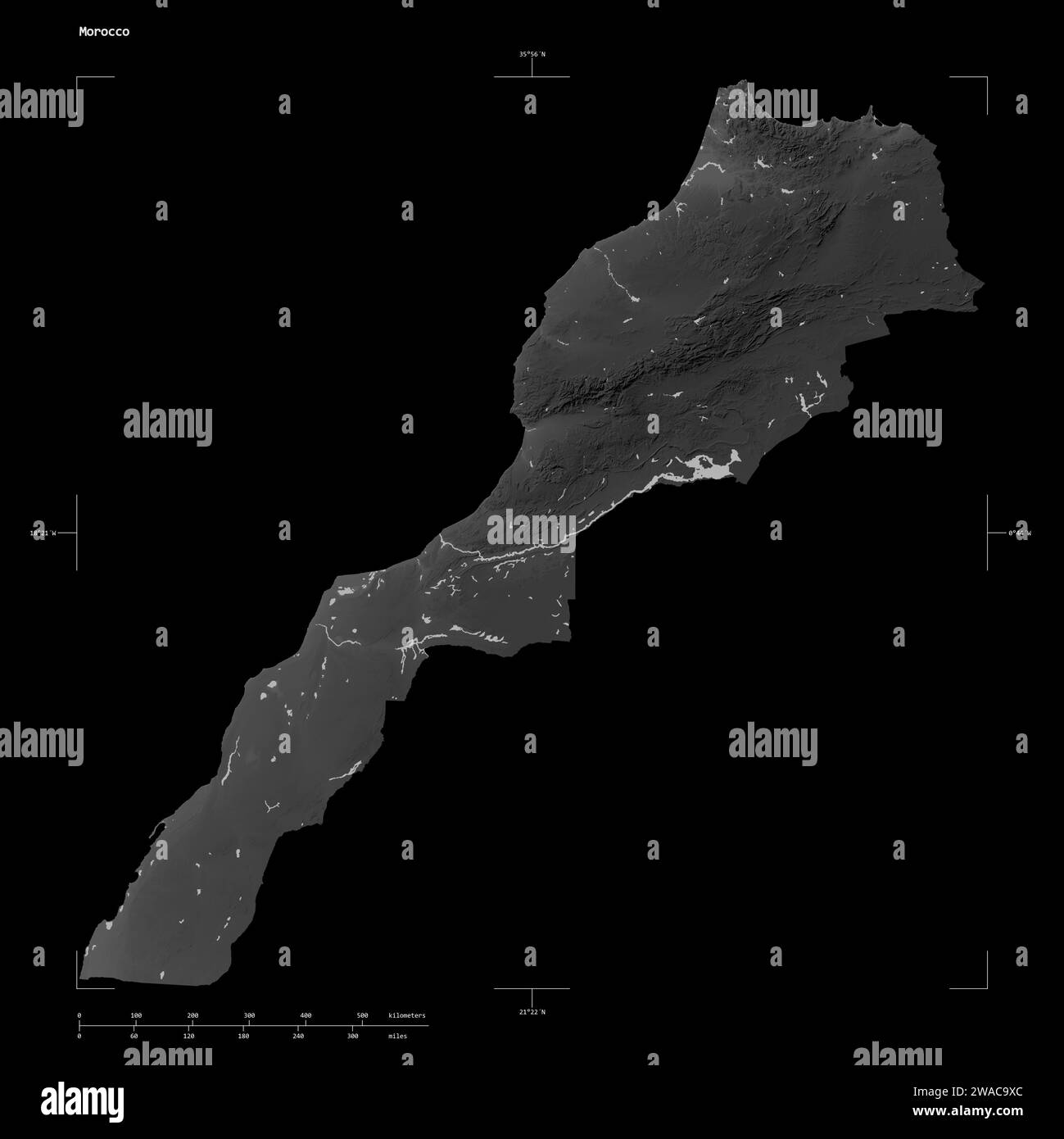 Shape of a Grayscale elevation map with lakes and rivers of the Morocco ...
