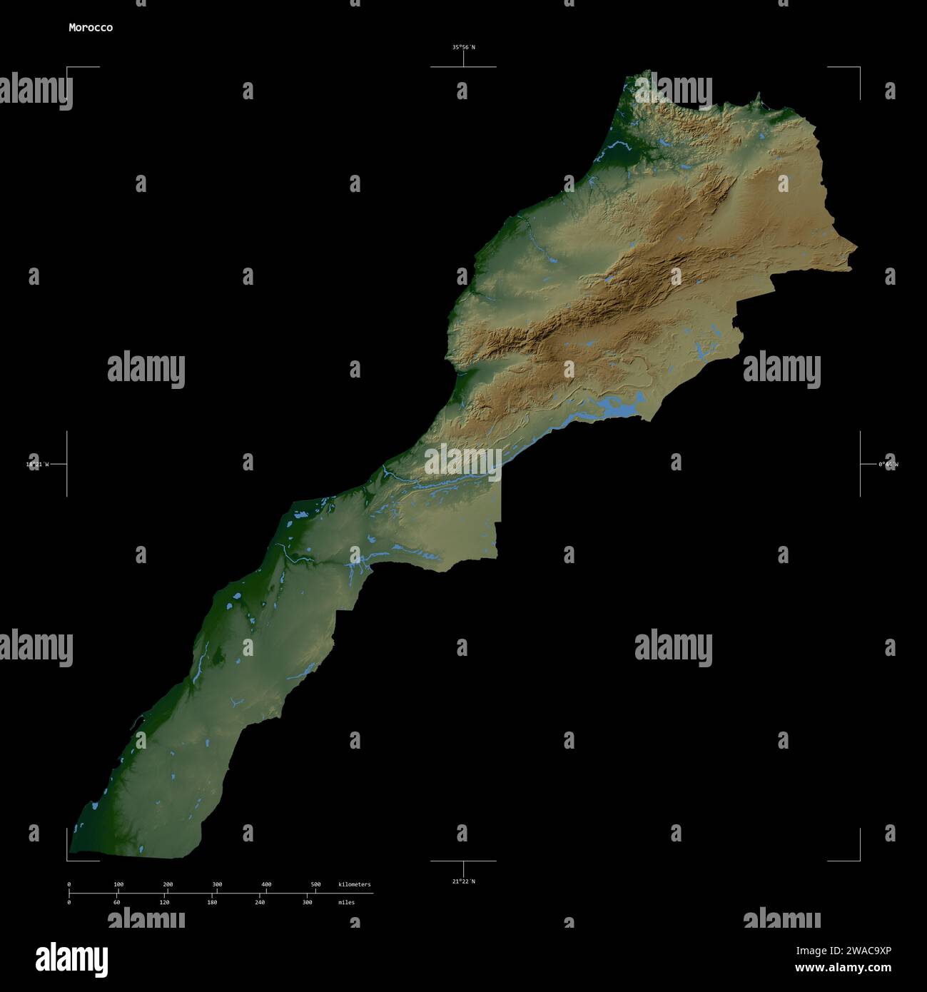 Shape of a Colored elevation map with lakes and rivers of the Morocco ...