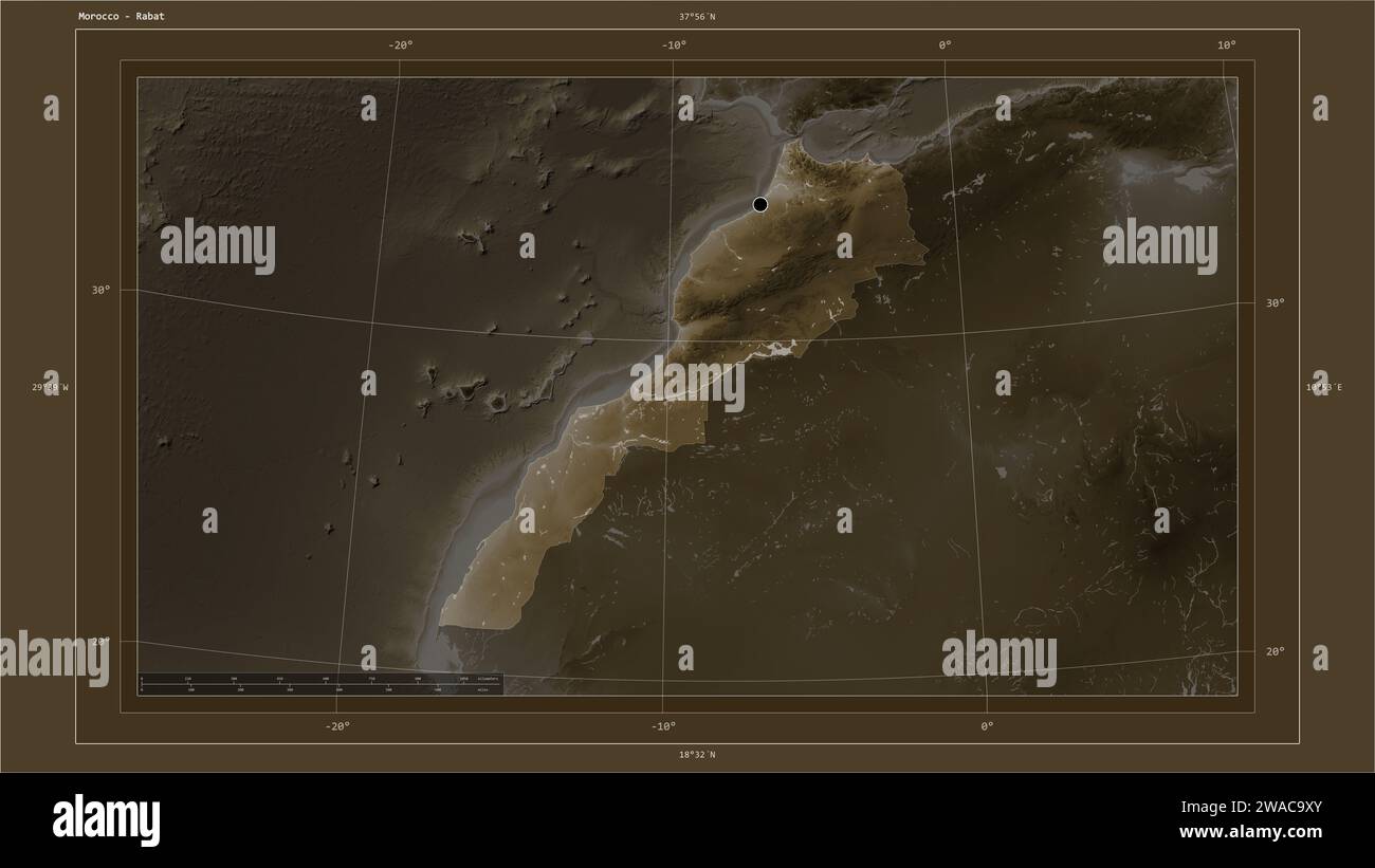 Morocco highlighted on a elevation map colored in sepia tones with ...