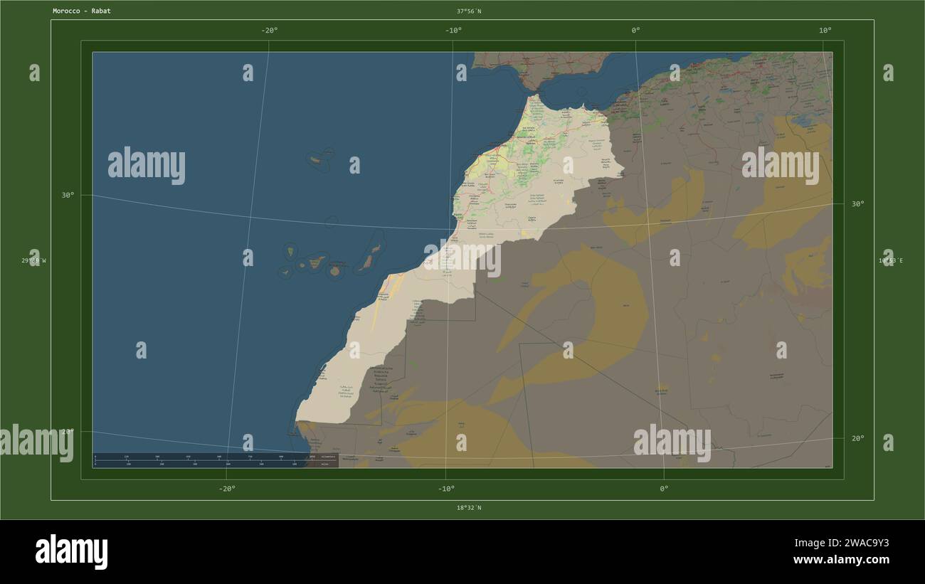 Morocco highlighted on a topographic, OSM Germany style map map with ...