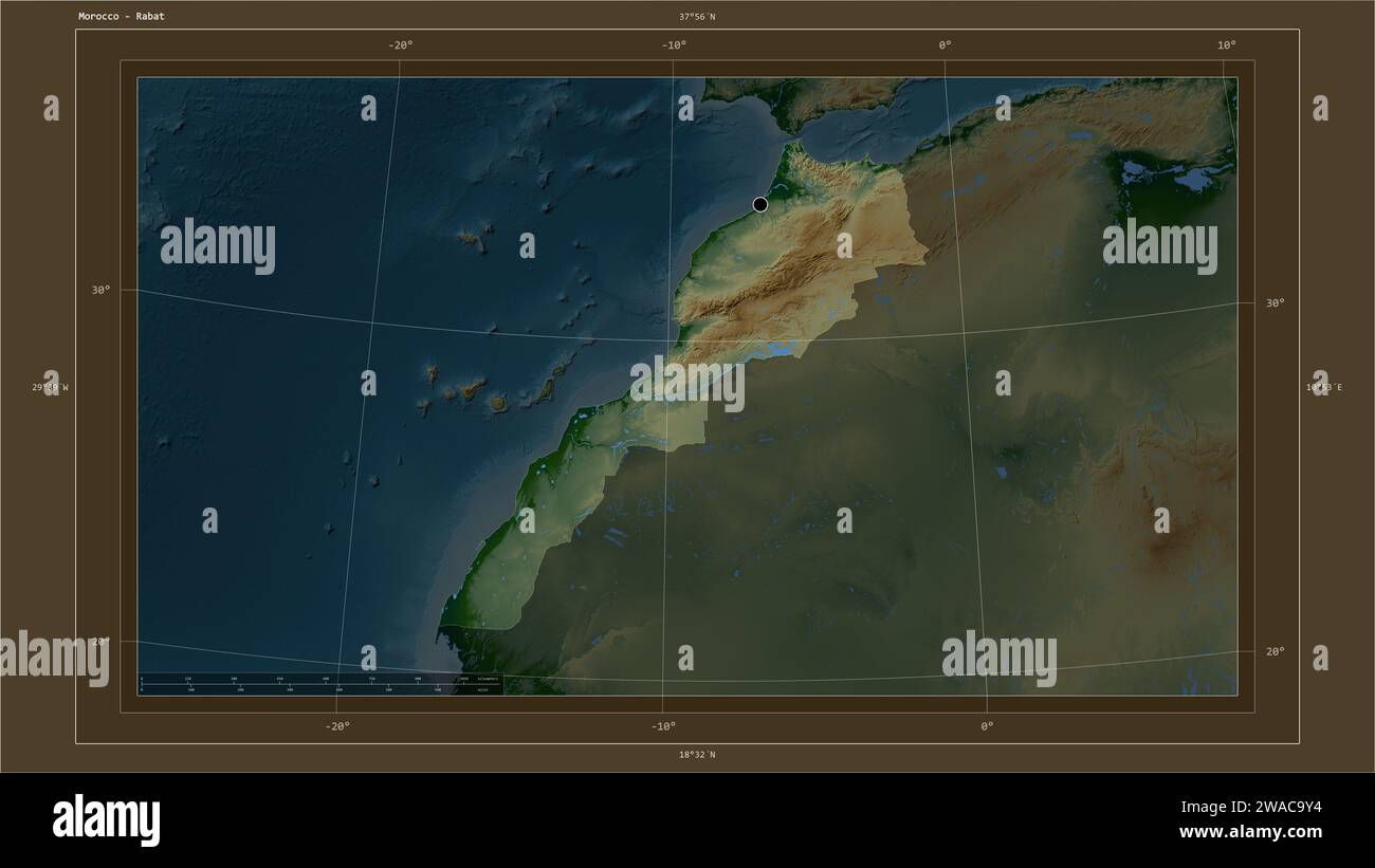 Morocco highlighted on a Colored elevation map with lakes and rivers ...