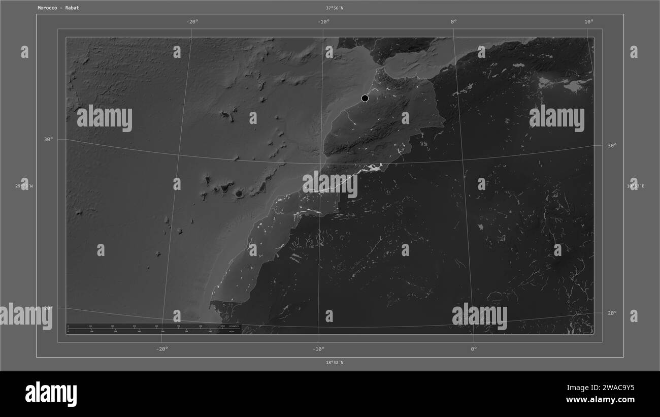 Morocco highlighted on a Grayscale elevation map with lakes and rivers ...