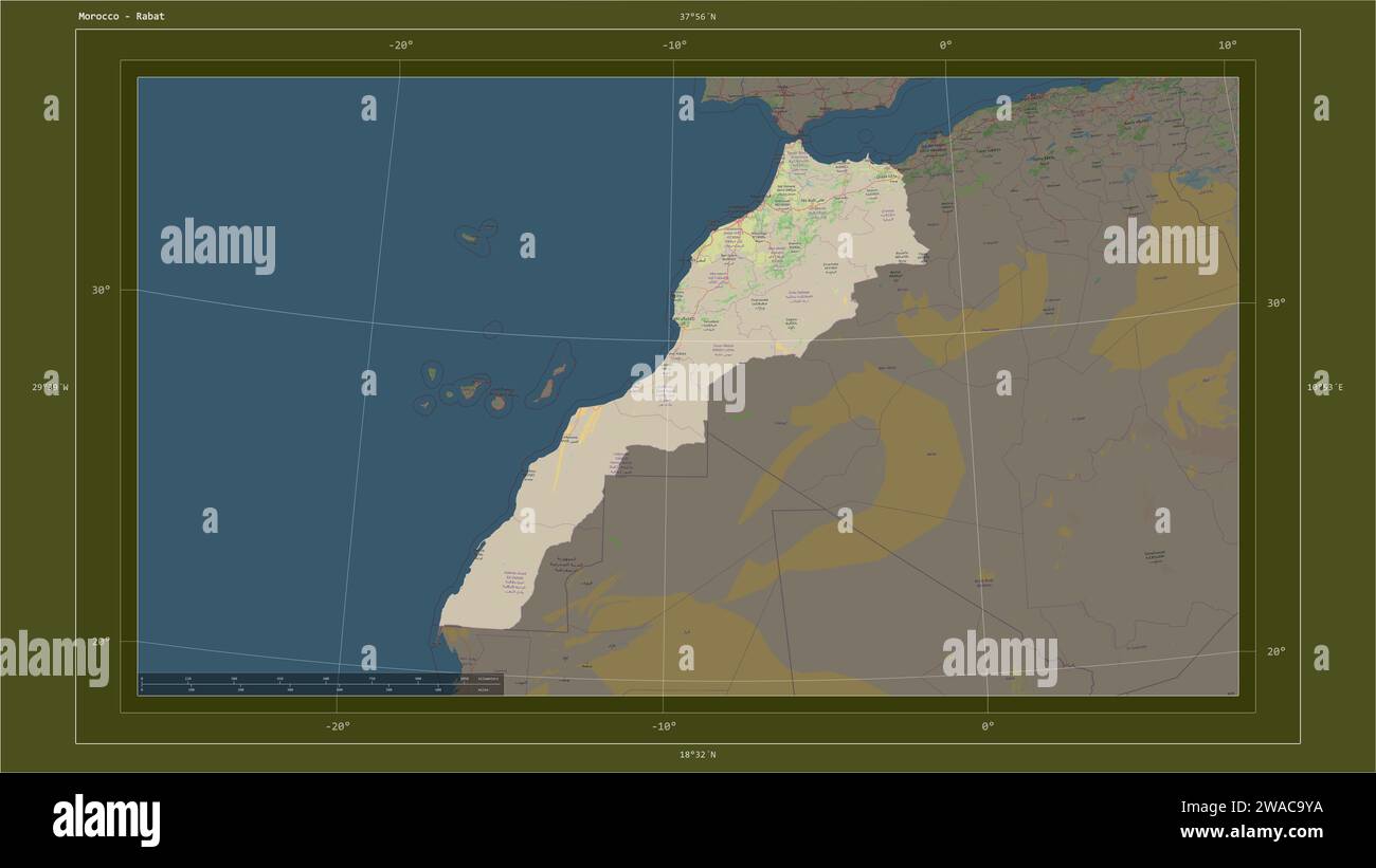 Morocco highlighted on a topographic, OSM standard style map map with ...