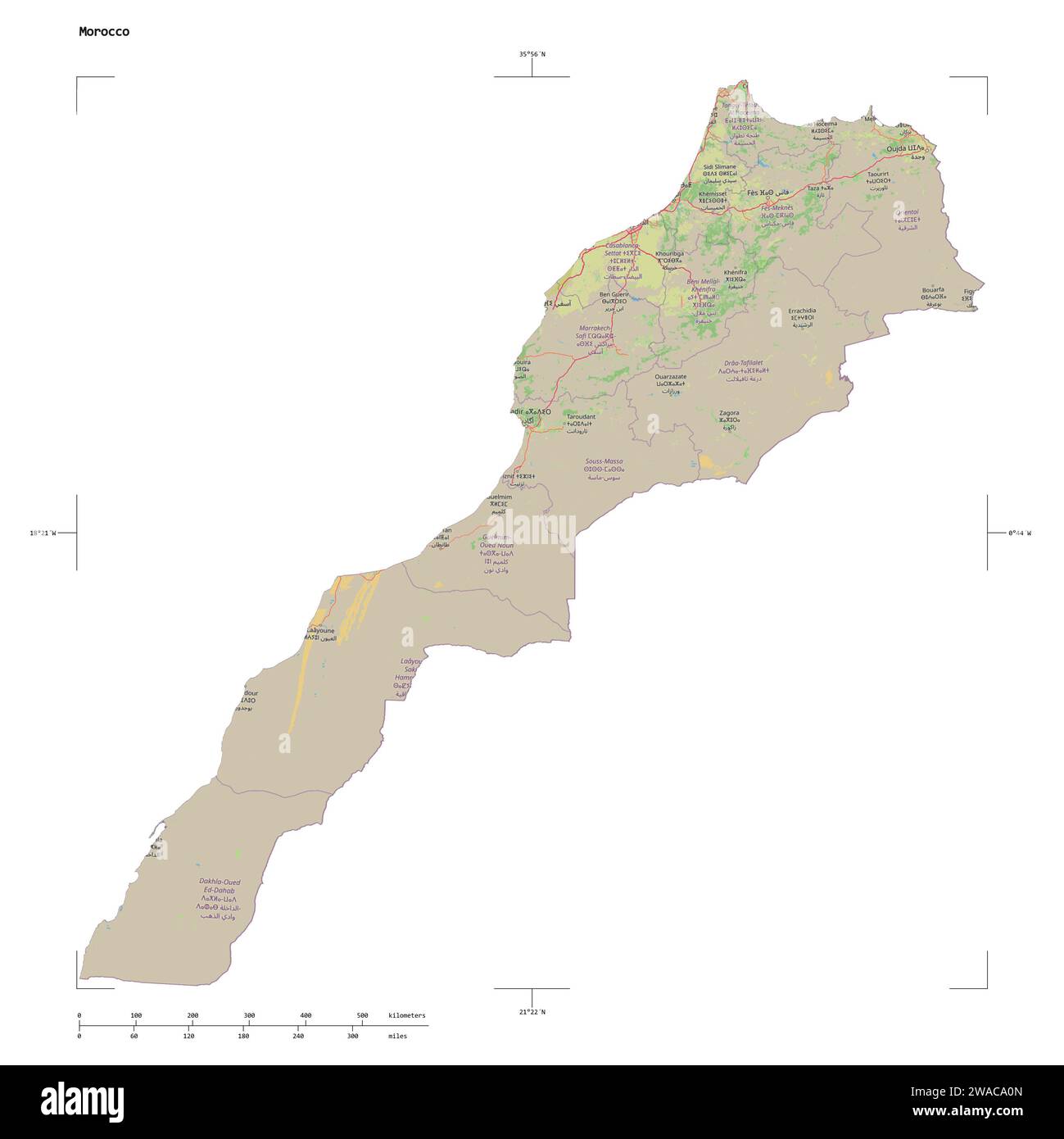 Shape of a topographic, OSM standard style map of the Morocco, with distance scale and map ...