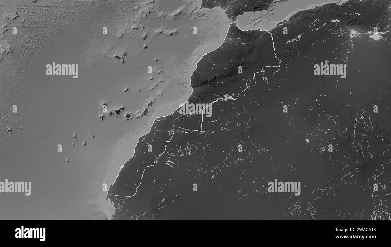 Morocco outlined on a Grayscale elevation map with lakes and rivers ...