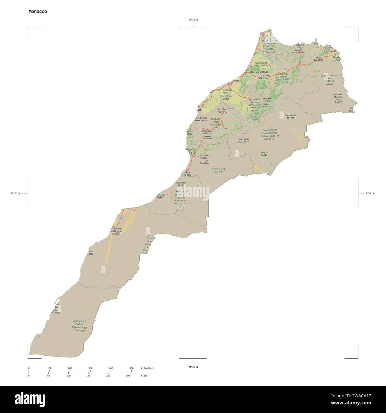 Shape of a topographic, OSM Germany style map of the Morocco, with distance scale and map border ...