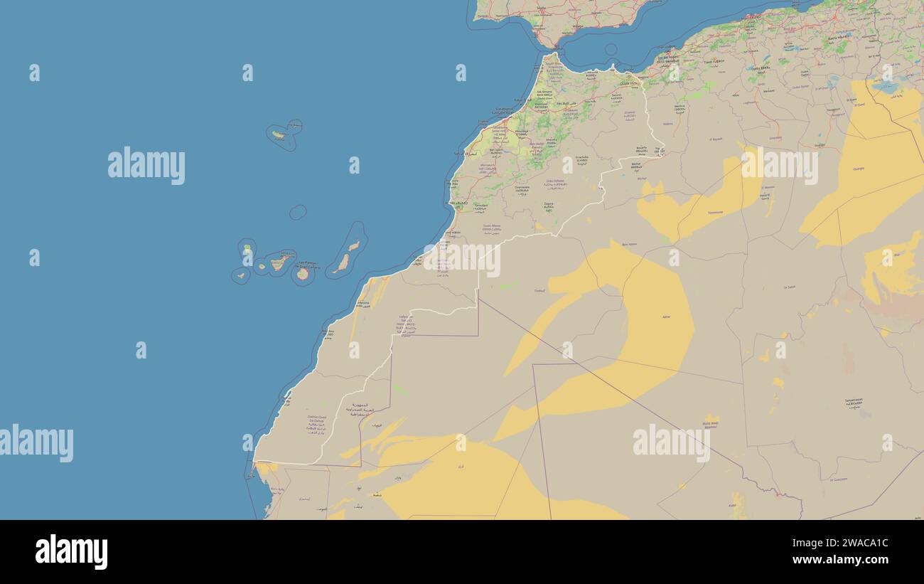Morocco outlined on a topographic, OSM standard style map Stock Photo ...