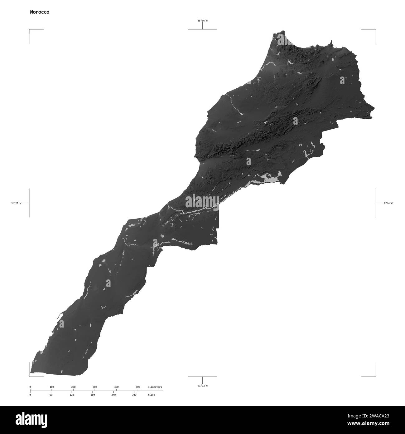 Shape of a Grayscale elevation map with lakes and rivers of the Morocco, with distance scale and ...