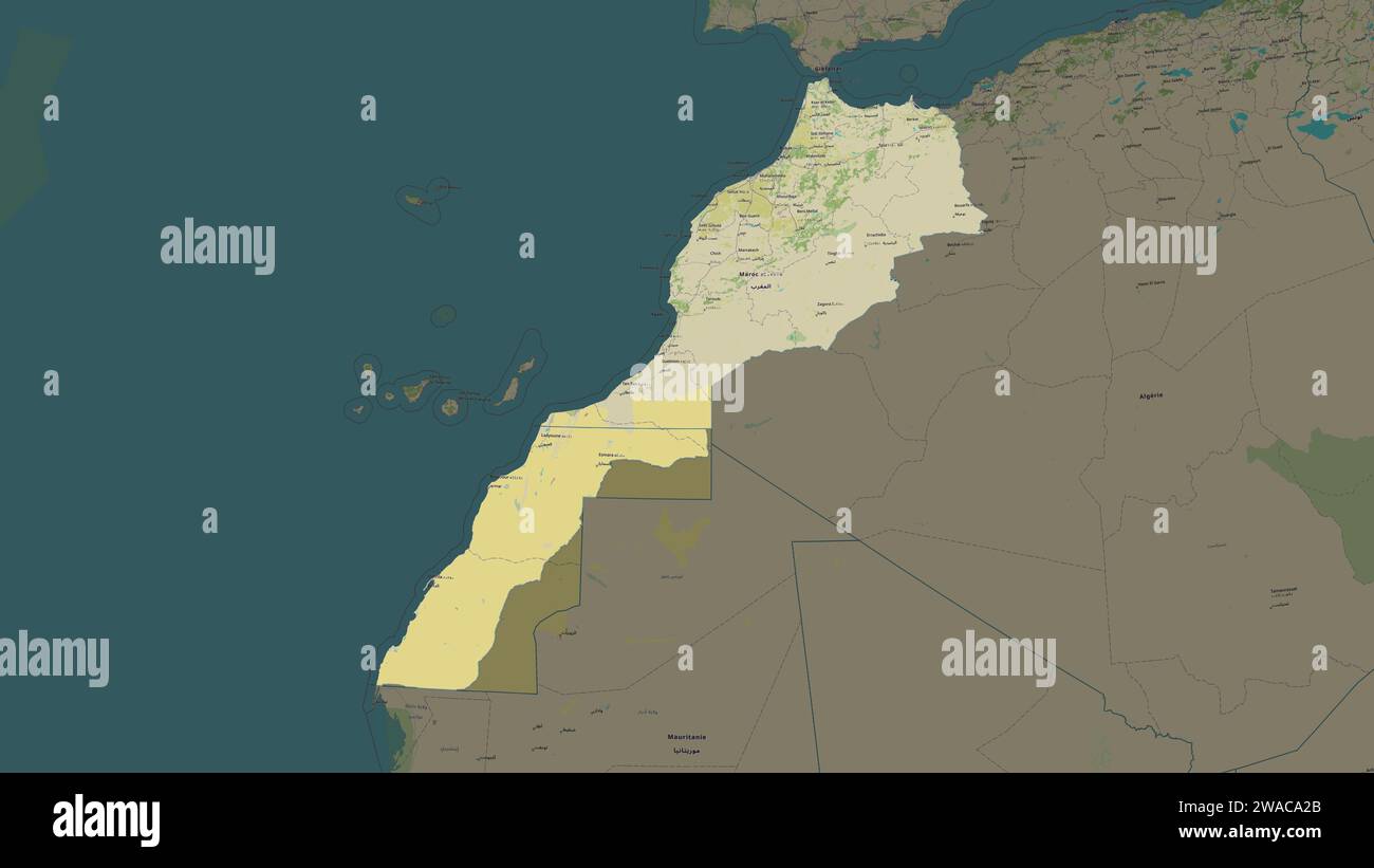 Morocco highlighted on a topographic, OSM Humanitarian style map Stock ...
