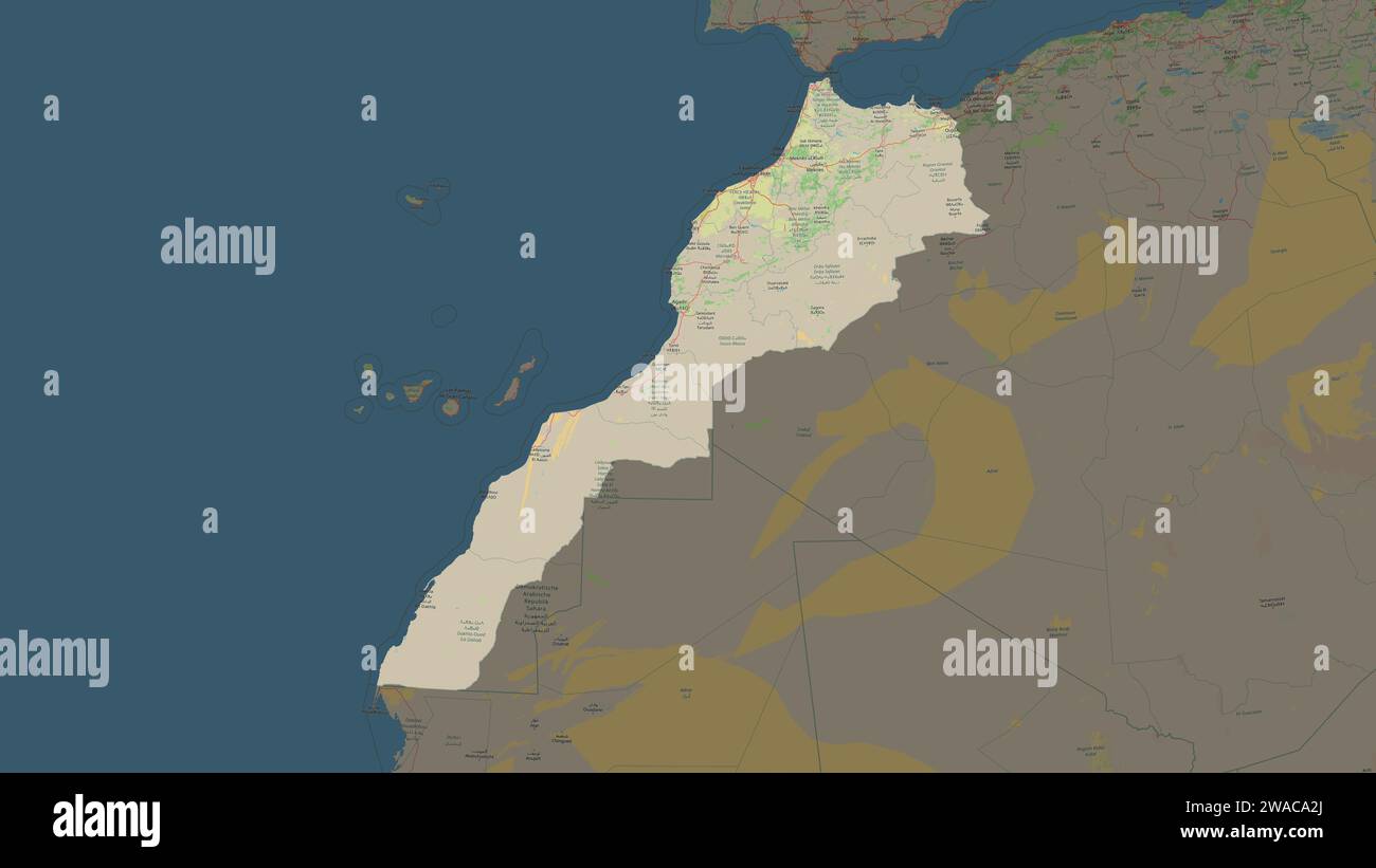 Morocco highlighted on a topographic, OSM Germany style map Stock Photo ...