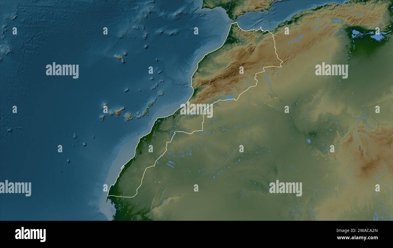Morocco outlined on a Colored elevation map with lakes and rivers Stock ...