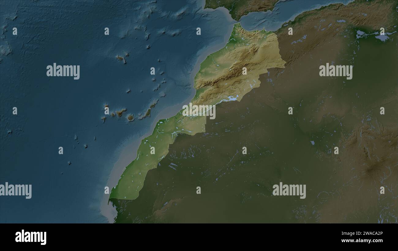 Morocco highlighted on a Pale colored elevation map with lakes and ...