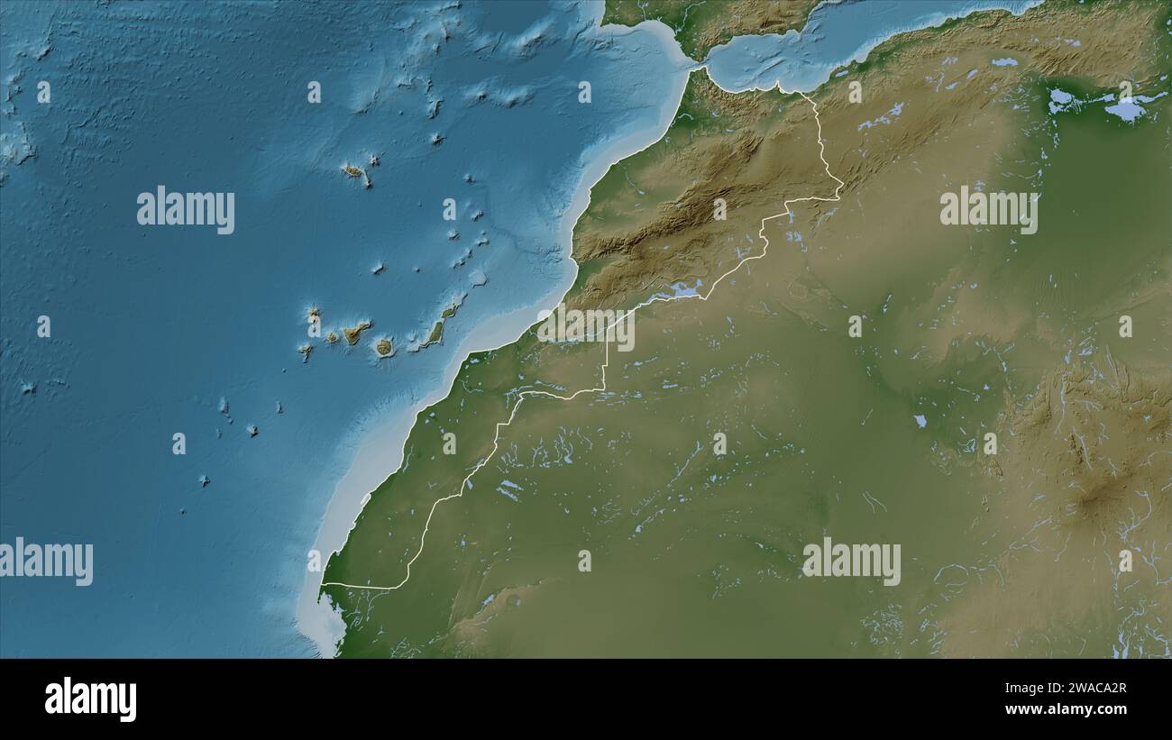 Morocco outlined on a Pale colored elevation map with lakes and rivers ...