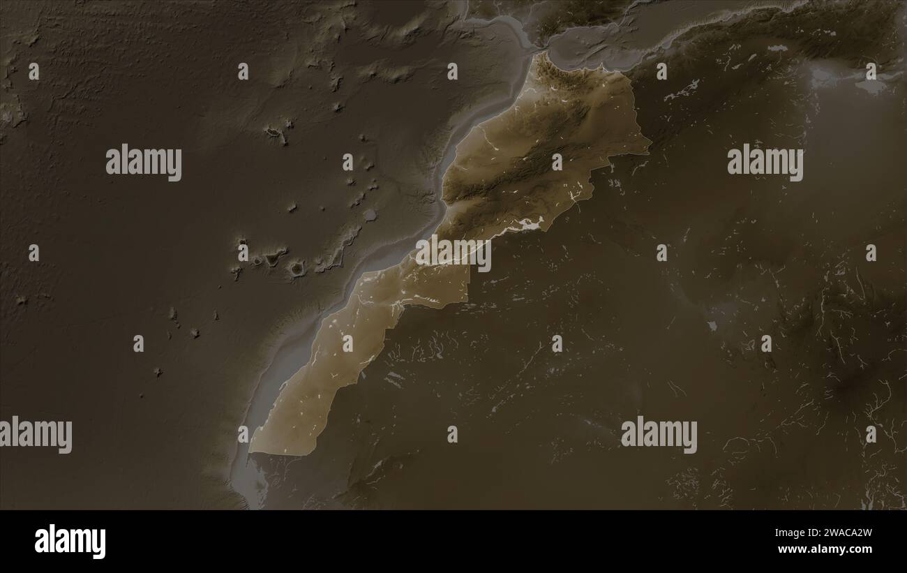 Morocco highlighted on a elevation map colored in sepia tones with ...
