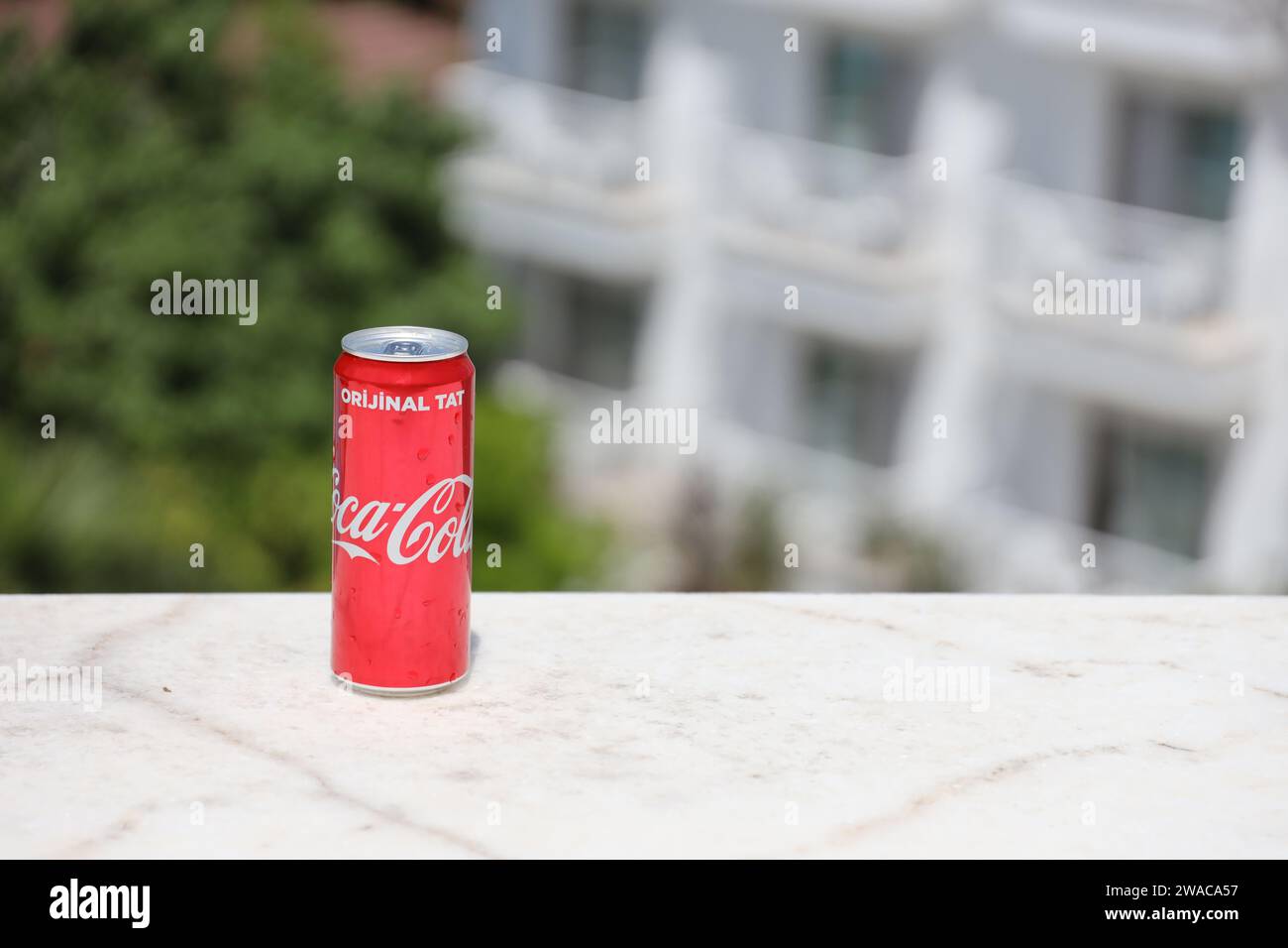 ANTALYA, TURKEY - MAY 18, 2021 Can of Coca Cola on bar desk, close up ...