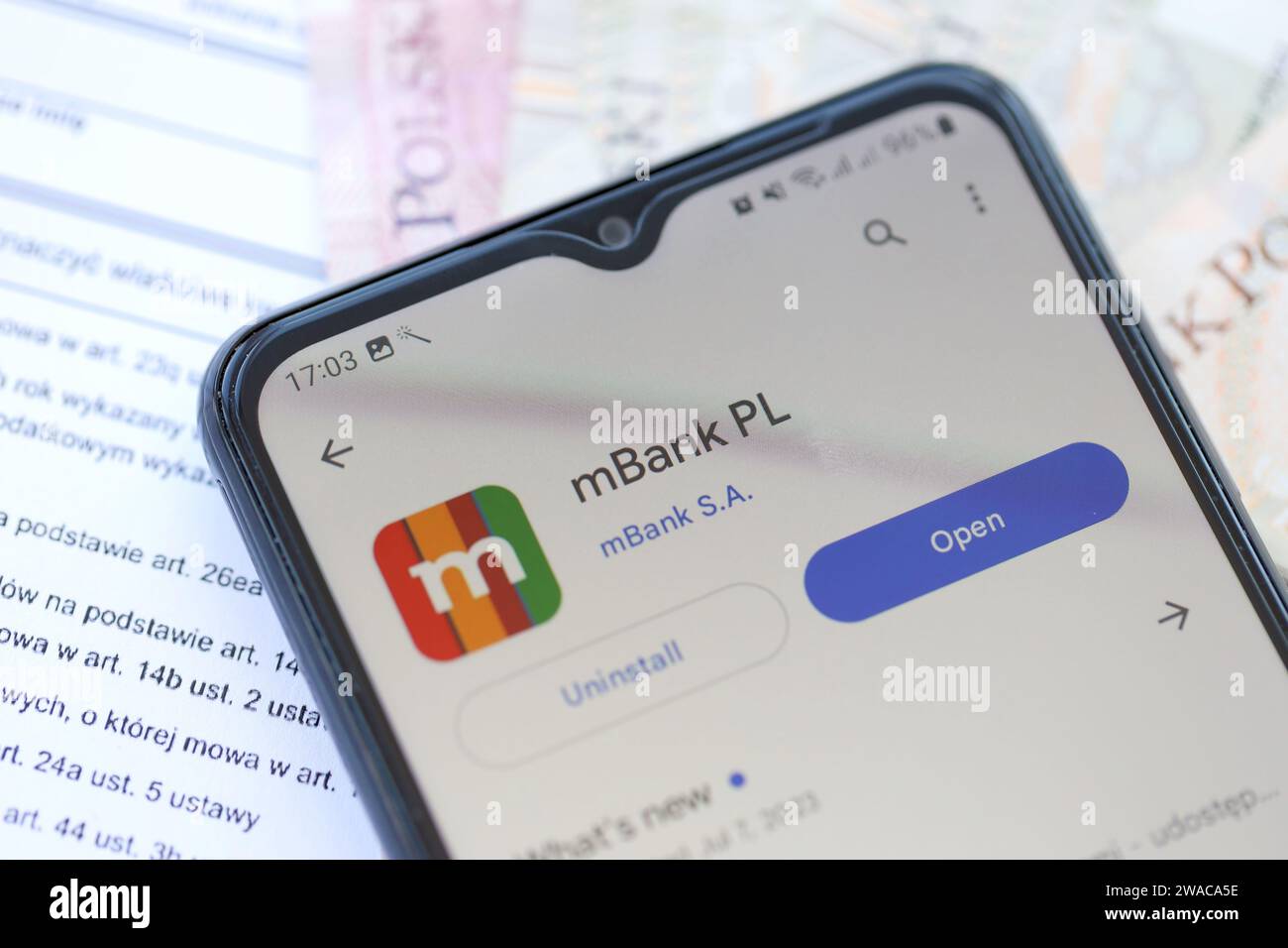 TERNOPIL, UKRAINE - AUGUST 3, 2023 mBank application on screen of ...