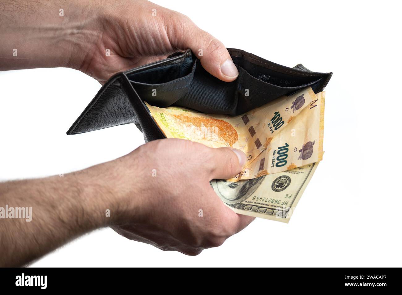 Hand with wallet showing dollar bill and Argentine peso bills Stock ...