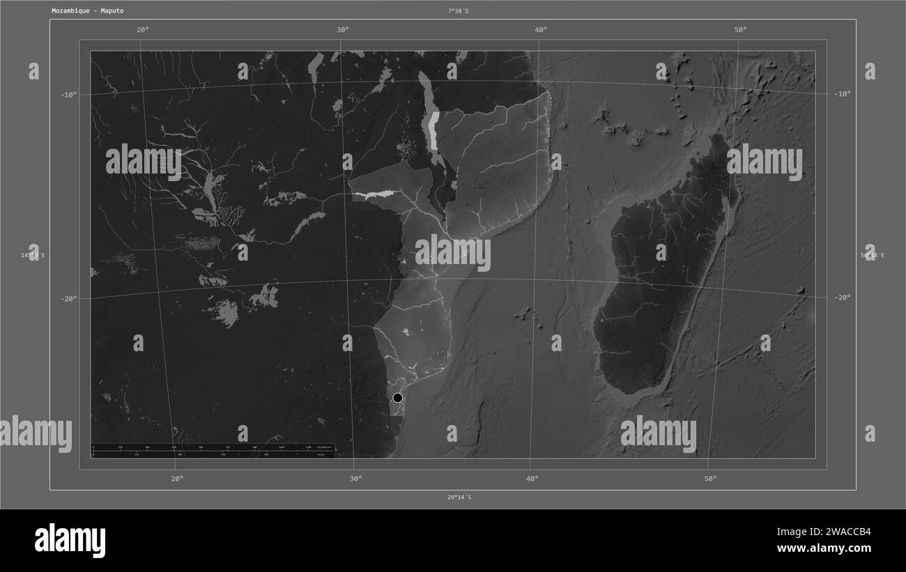Mozambique highlighted on a Grayscale elevation map with lakes and ...