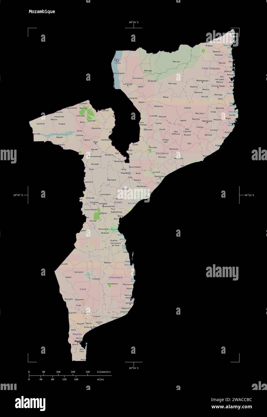 Shape of a topographic, OSM France style map of the Mozambique, with ...