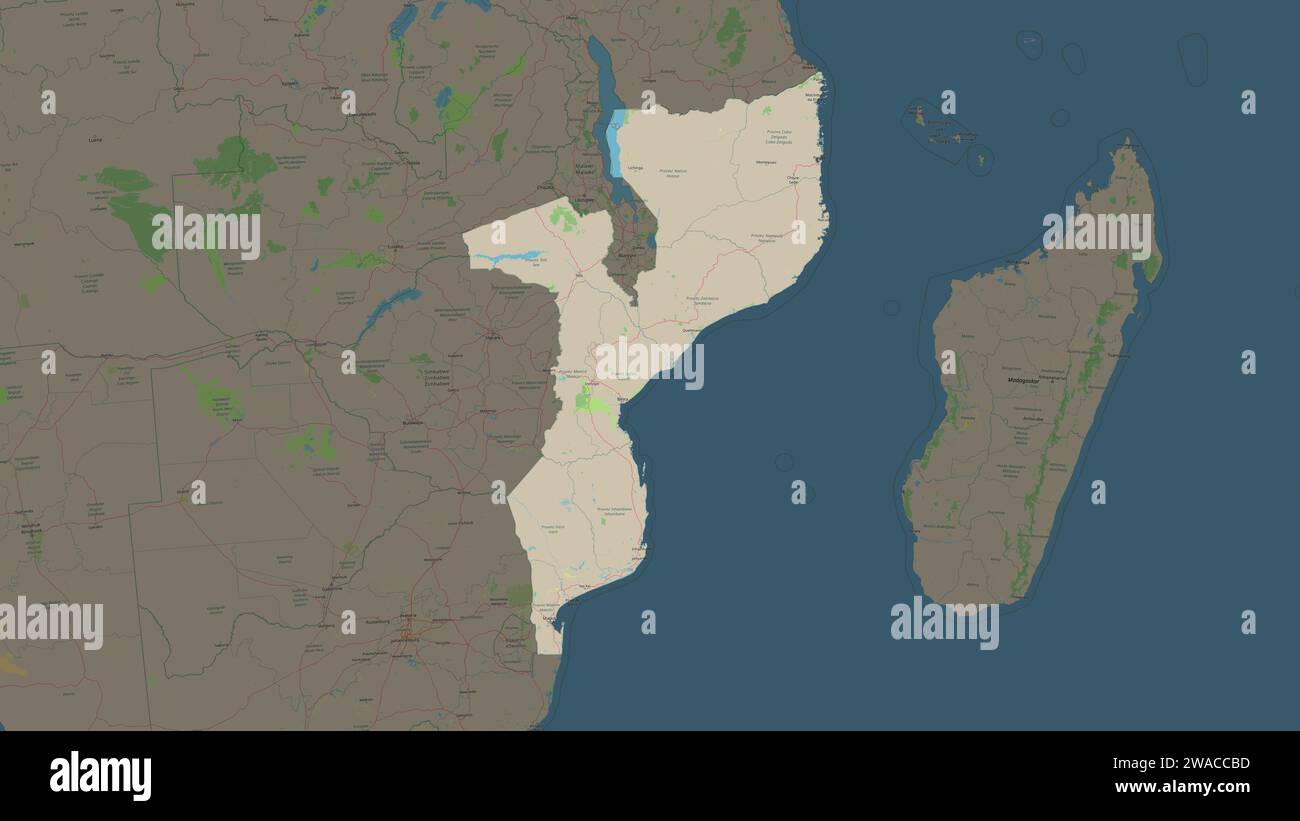 Mozambique highlighted on a topographic, OSM Germany style map Stock Photo - Alamy