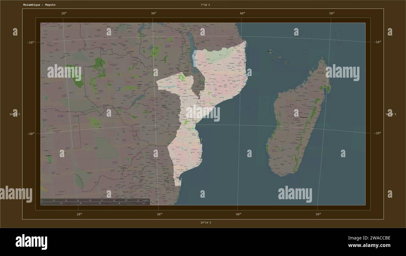 Mozambique highlighted on a topographic, OSM France style map map with ...
