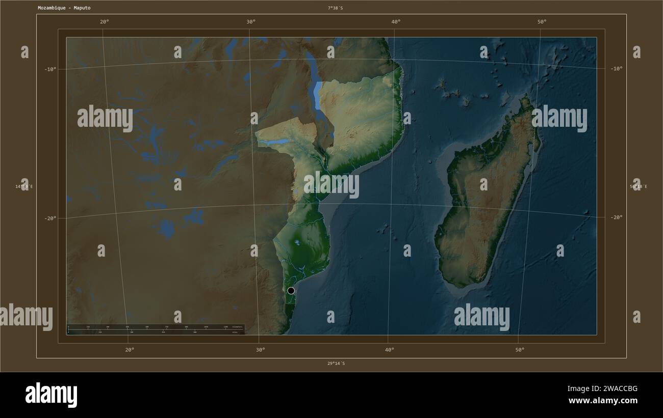 Mozambique highlighted on a Colored elevation map with lakes and rivers ...