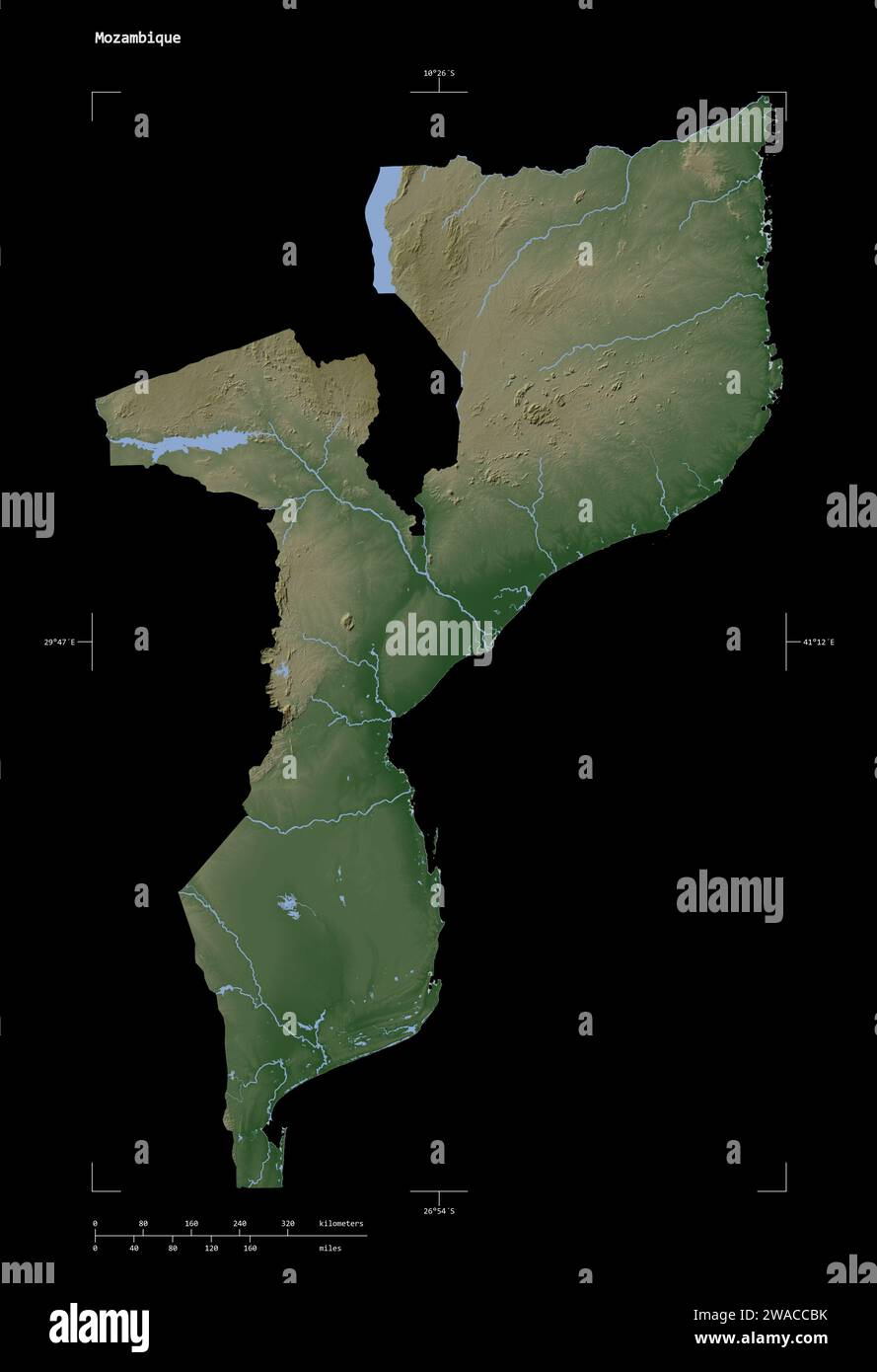 Shape of a Pale colored elevation map with lakes and rivers of the Mozambique, with distance ...