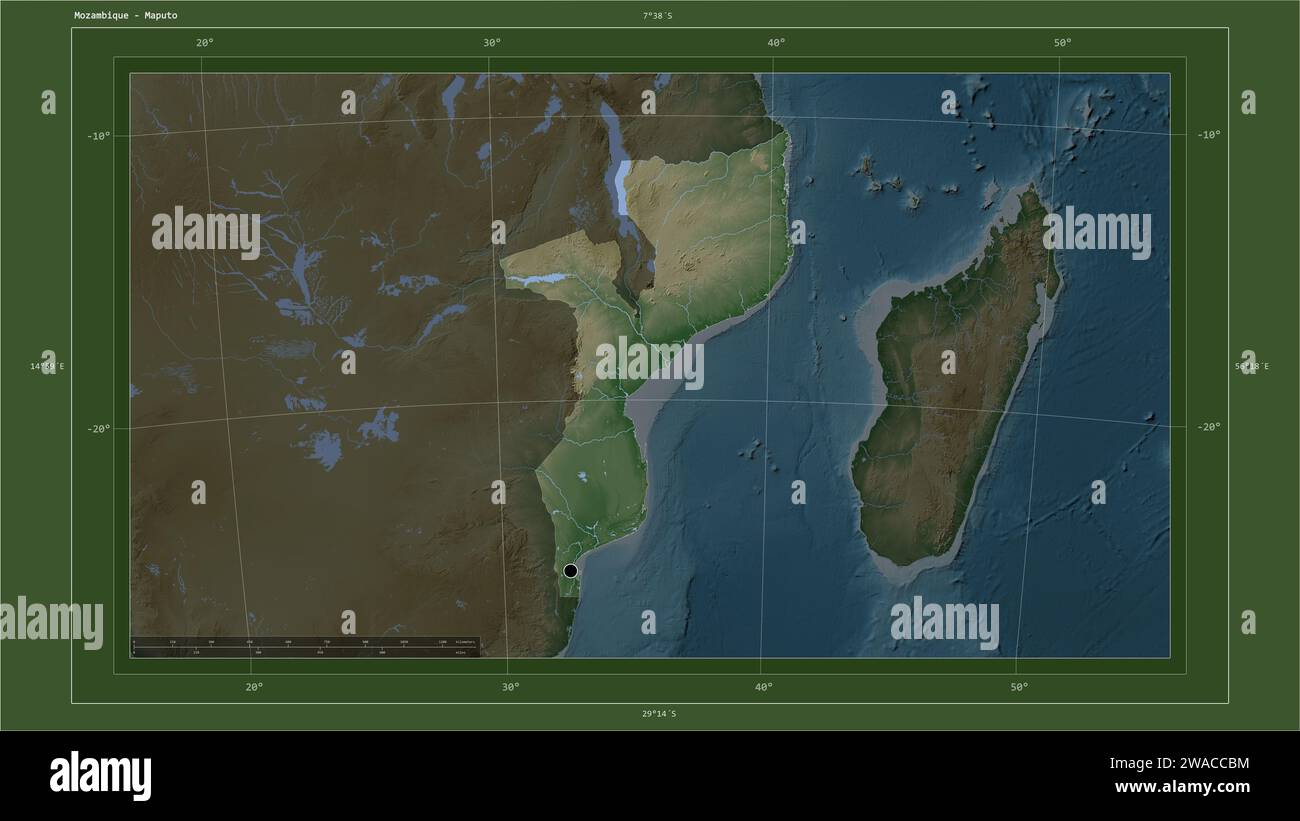 Mozambique highlighted on a Pale colored elevation map with lakes and ...