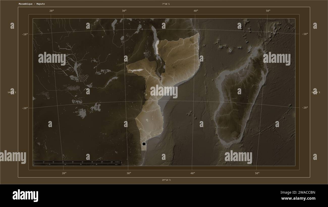 Mozambique highlighted on a elevation map colored in sepia tones with ...