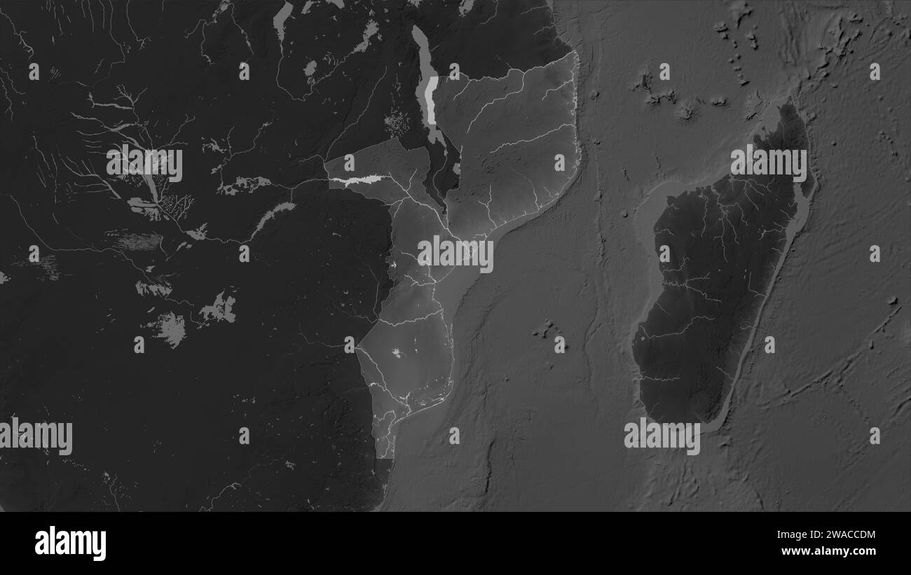 Mozambique highlighted on a Grayscale elevation map with lakes and ...
