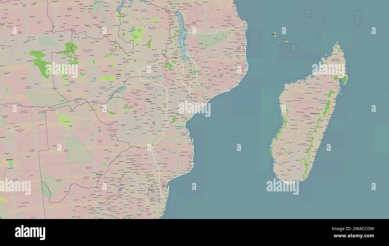 Mozambique outlined on a topographic, OSM France style map Stock Photo ...