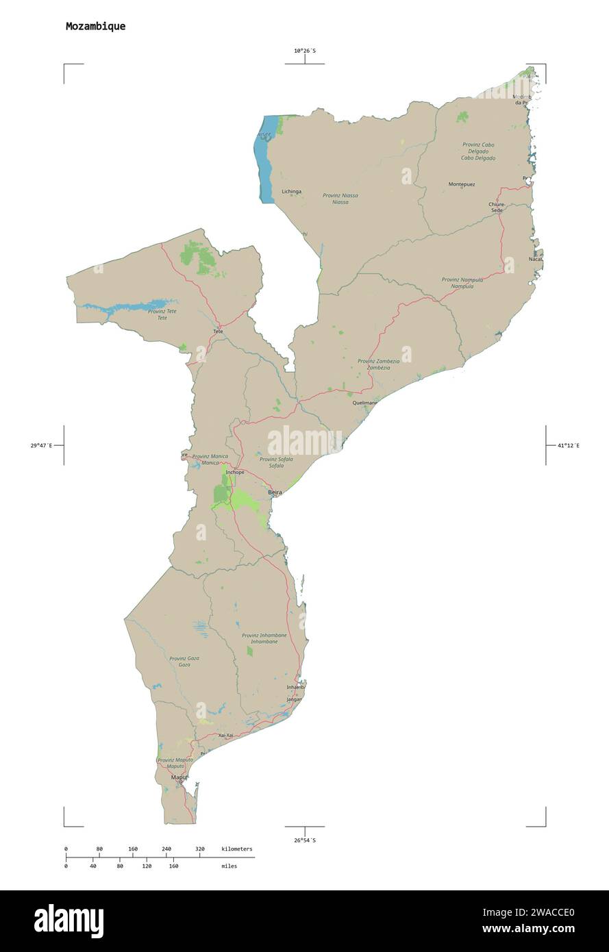 Shape of a topographic, OSM Germany style map of the Mozambique, with ...