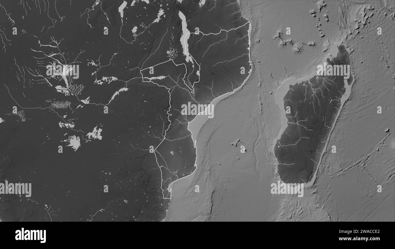 Mozambique outlined on a Grayscale elevation map with lakes and rivers ...