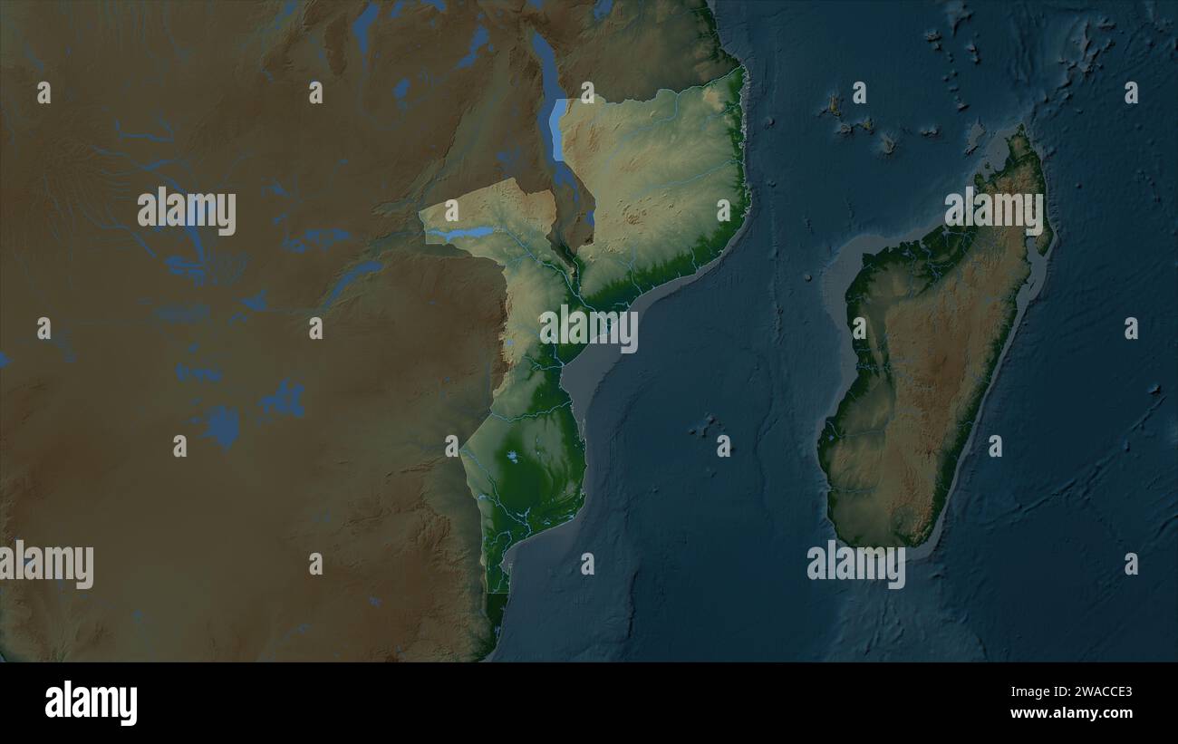 Mozambique highlighted on a Colored elevation map with lakes and rivers ...