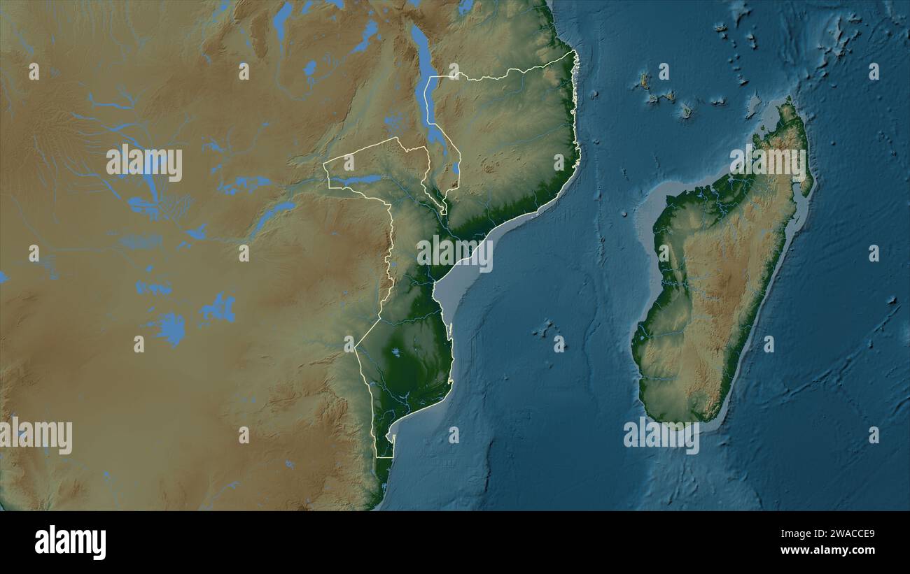 Mozambique outlined on a Colored elevation map with lakes and rivers ...