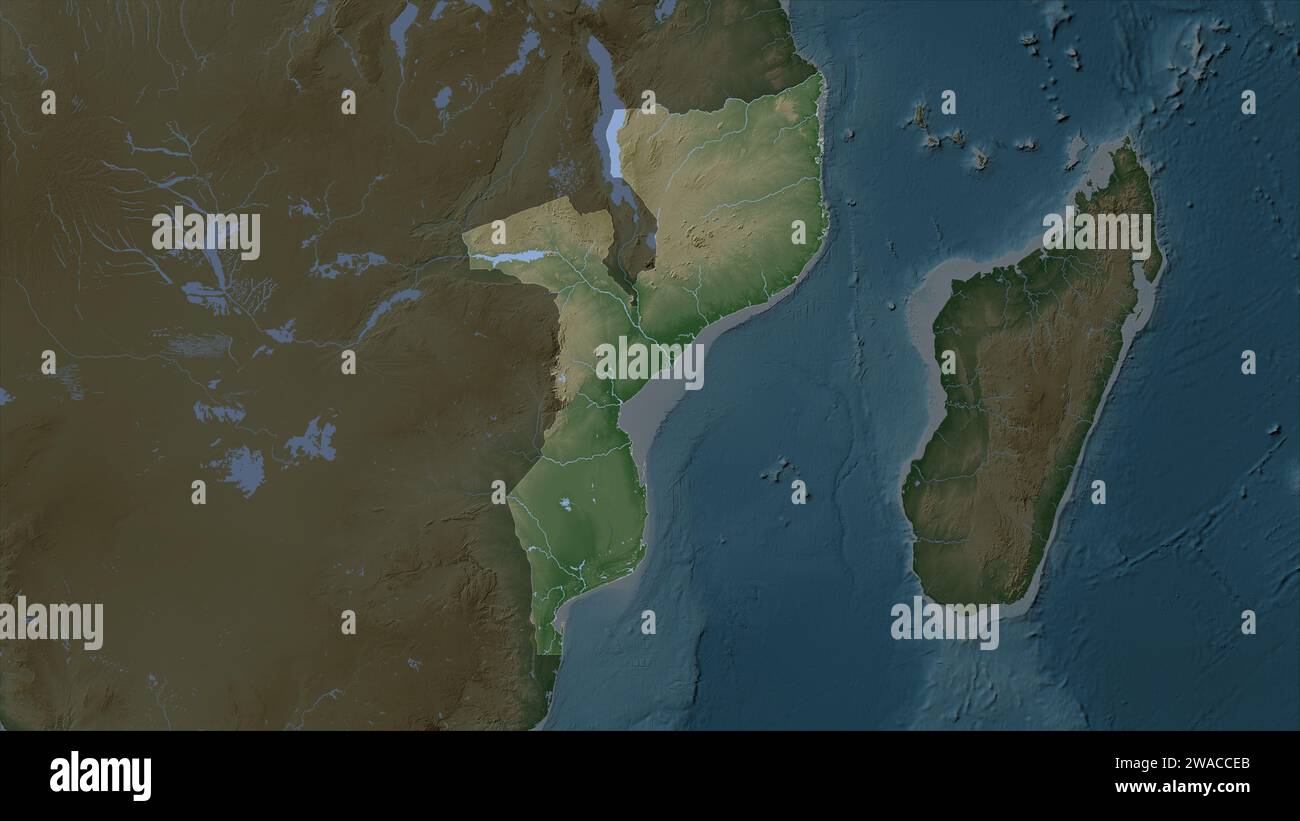 Mozambique highlighted on a Pale colored elevation map with lakes and ...