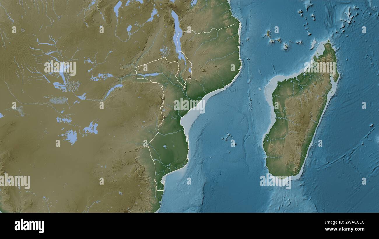 Mozambique outlined on a Pale colored elevation map with lakes and ...