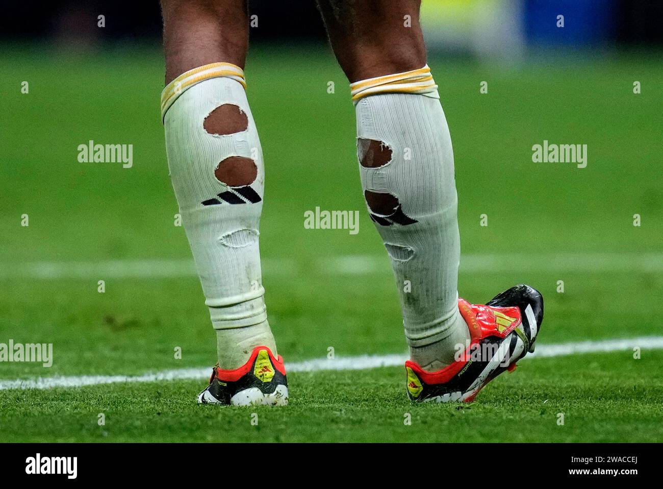 The socks of Real Madrid's Jude Bellingham are photographed at the end ...