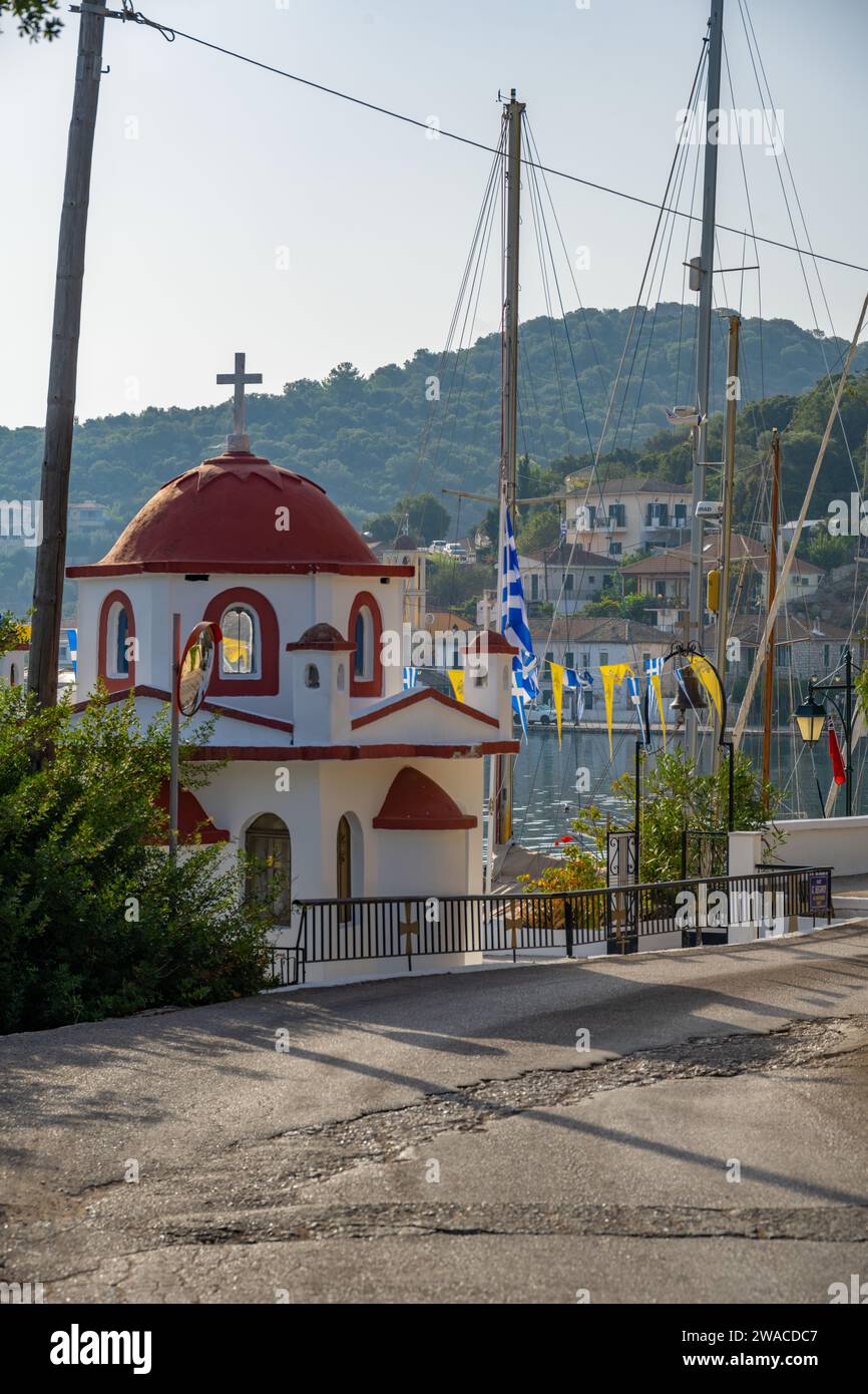 Greek Orthodox Church on the edge of the harbour at Vathi on the greek ...