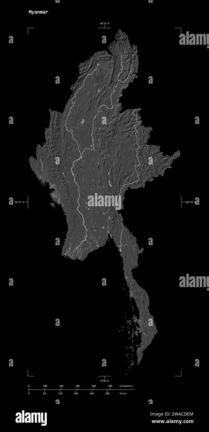 Shape of a Bilevel elevation map with lakes and rivers of the Myanmar ...