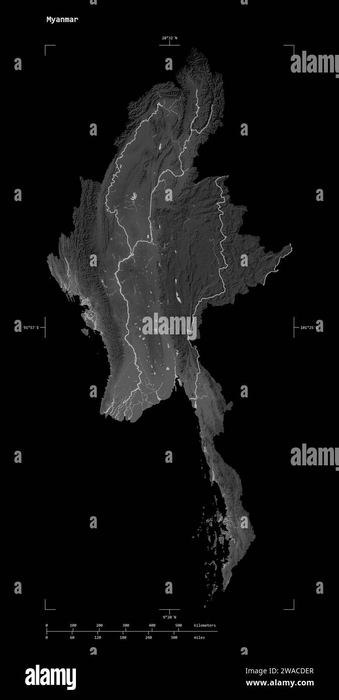 Shape of a Grayscale elevation map with lakes and rivers of the Myanmar ...