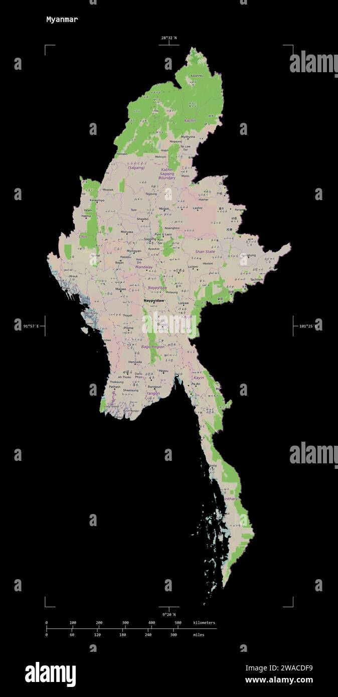 Shape of a topographic, OSM France style map of the Myanmar, with ...