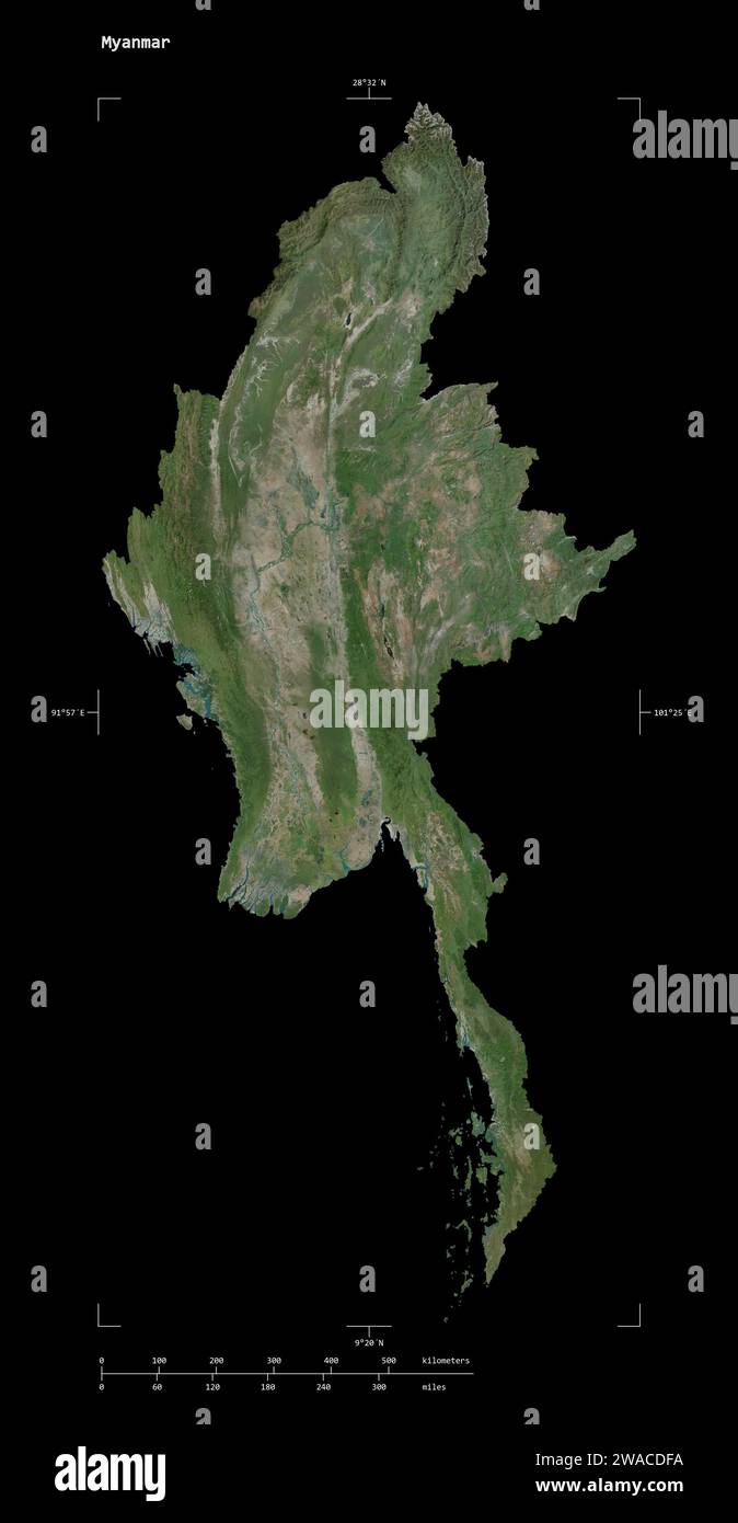 Shape of a high resolution satellite map of the Myanmar, with distance ...