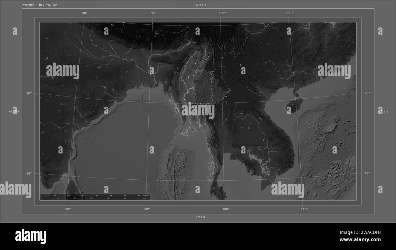 Myanmar highlighted on a Grayscale elevation map with lakes and rivers ...