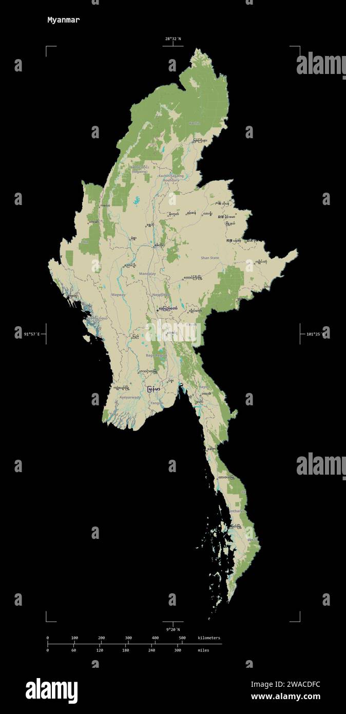 Shape of a topographic, OSM Humanitarian style map of the Myanmar, with ...