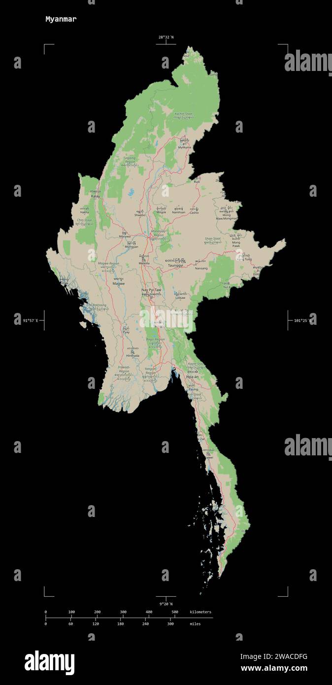 Shape of a topographic, OSM Germany style map of the Myanmar, with ...
