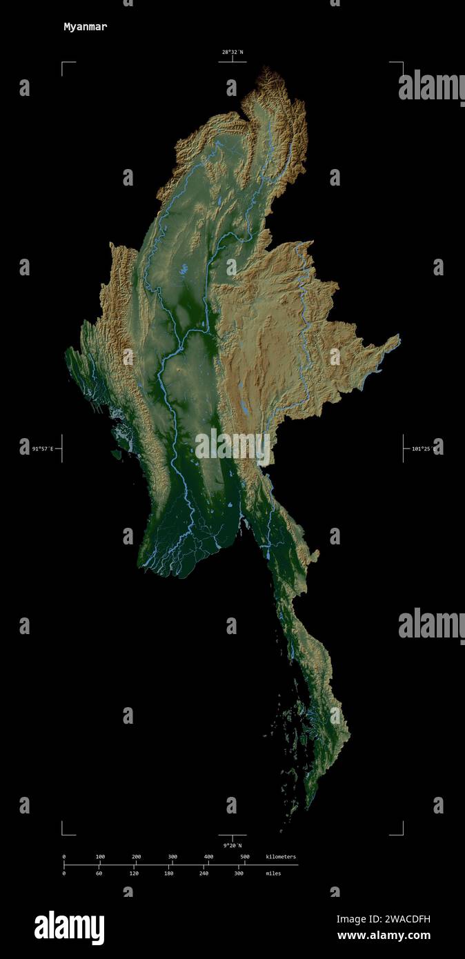 Shape of a Colored elevation map with lakes and rivers of the Myanmar ...