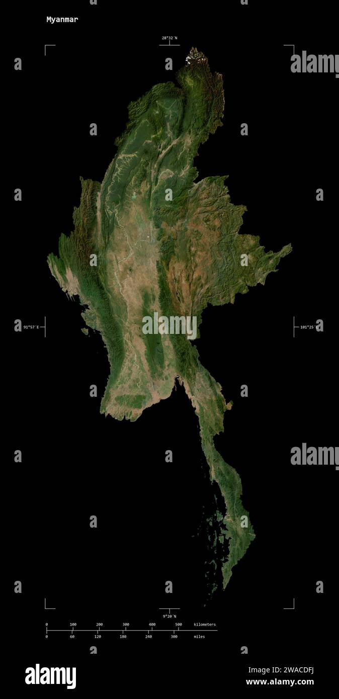 Shape of a low resolution satellite map of the Myanmar, with distance ...
