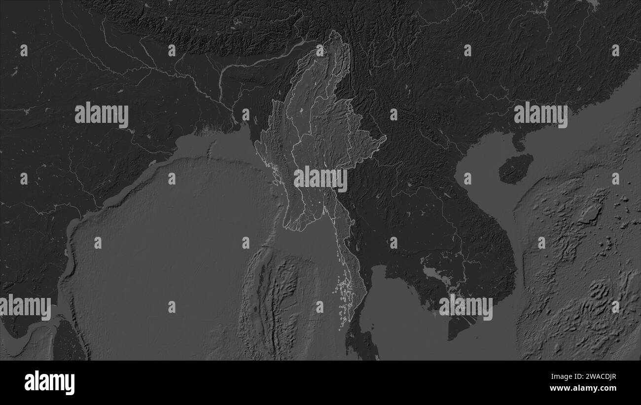 Myanmar highlighted on a Bilevel elevation map with lakes and rivers ...